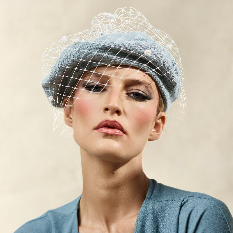 Misa Harada Hats| FLOE | Knitted cotton beret, with Ivory dotted veil – misaharada